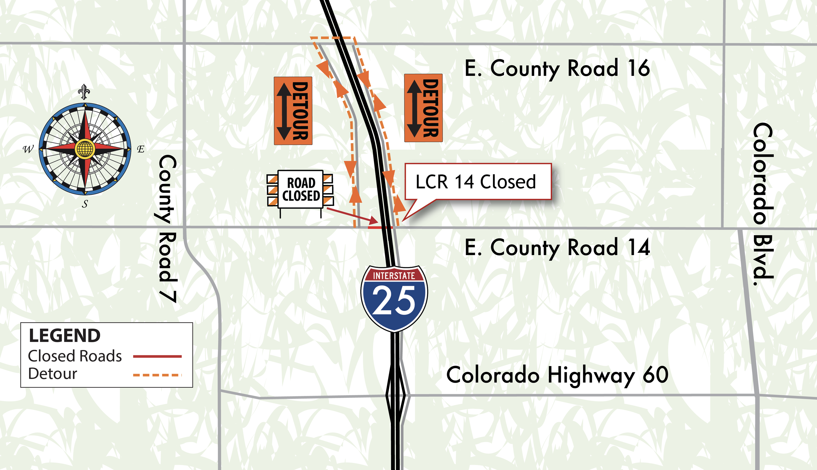 WCR 14 closure map at I-25 between East County Road 16 and CO 60 ...
