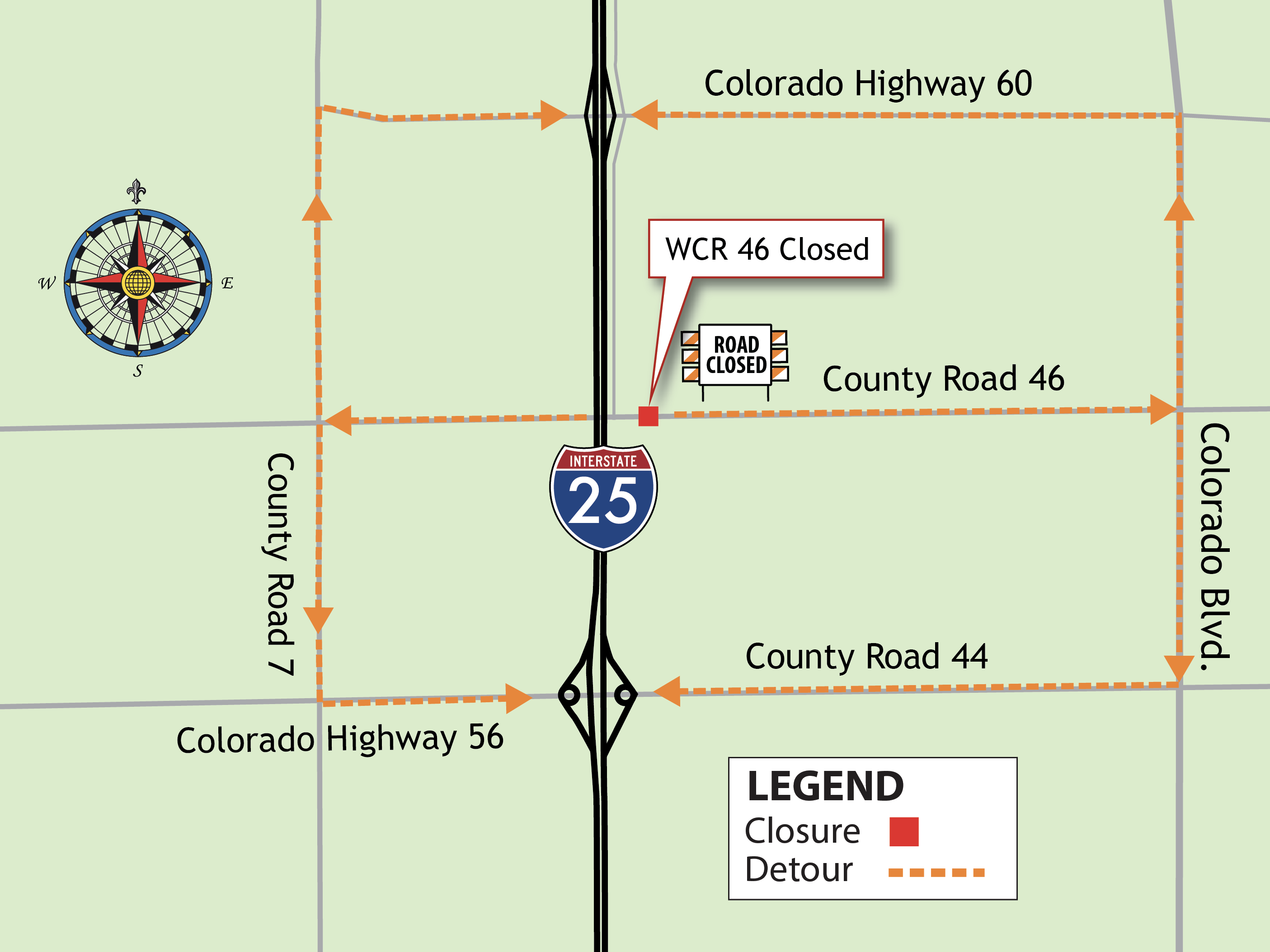 WCR 46 Closure map between CO 60 and County Road 44